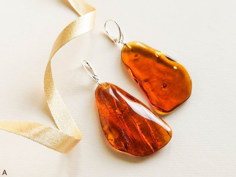 Large Triangle Shape Natural Amber Earrings With Silver for - Etsy