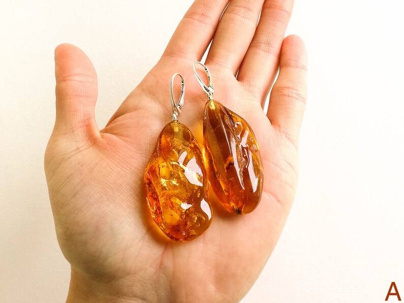 Large Triangle Shape Natural Amber Earrings With Silver for - Etsy