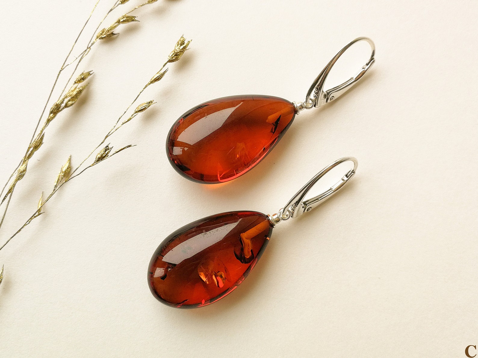 Dark Cognac Color Natural Amber Drops Earrings Medium Size Genuine ...