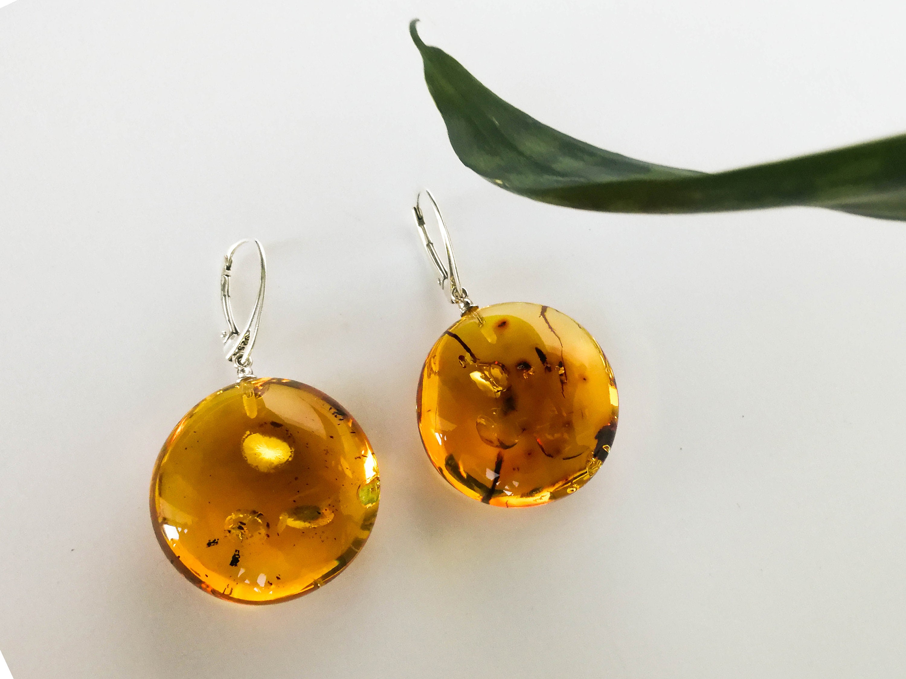 Round Bright Amber Earrings Round Flat Cognac Color Amber - Etsy