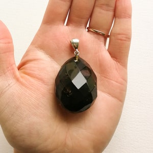Faceted Amber Dark Color Drop Pendant With Silver, Raw Black Untreated ...