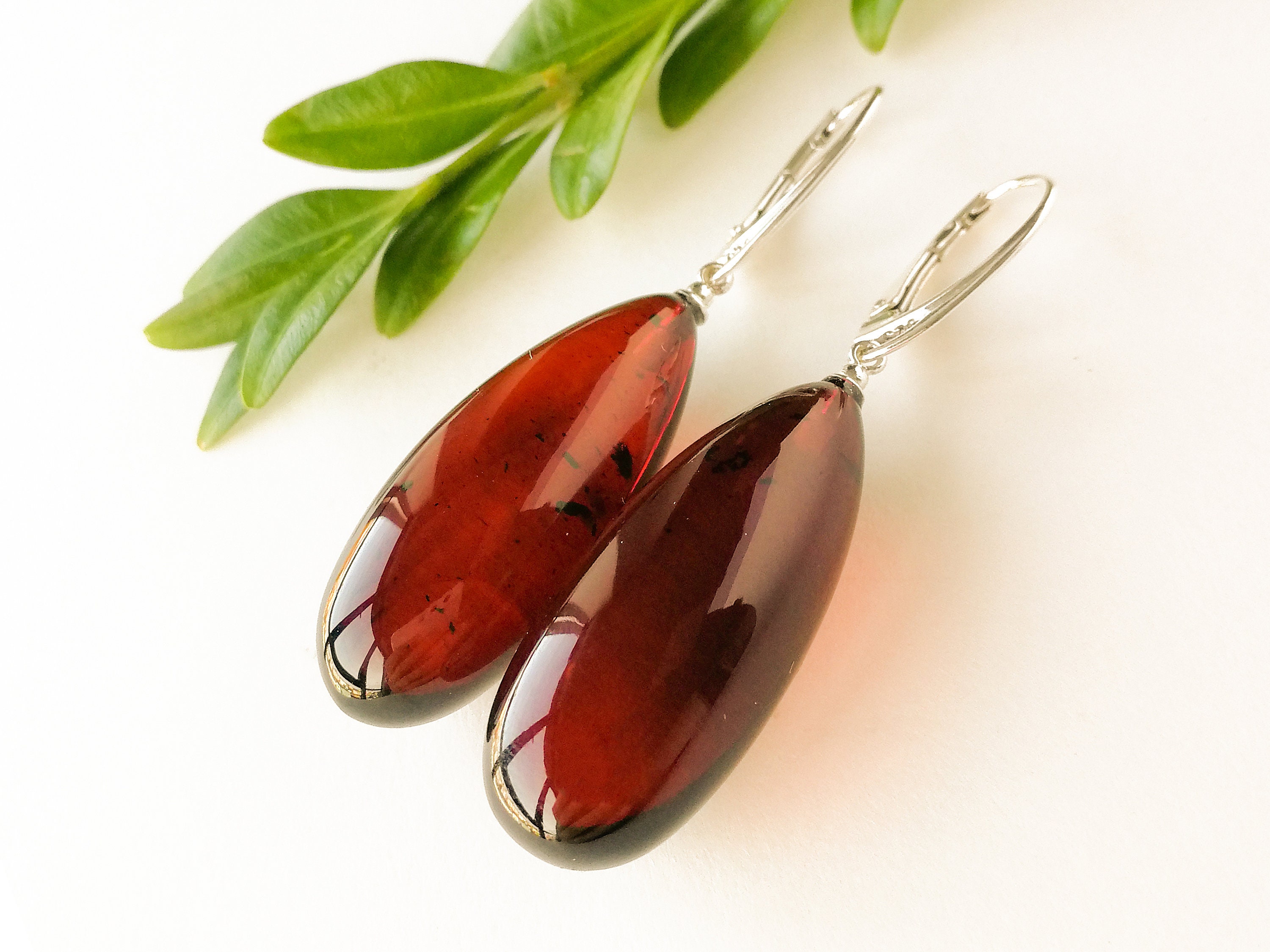 Dark cherry color natural amber earrings/ genuine baltic amber | Etsy