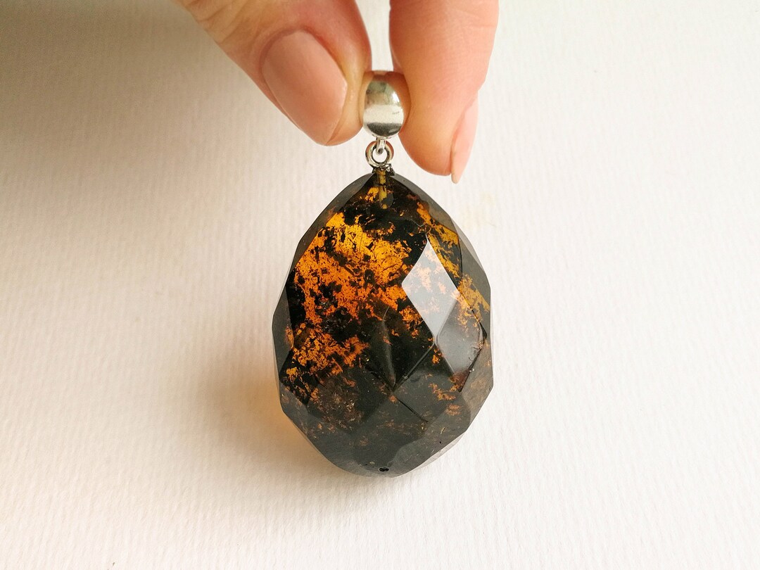 Faceted Amber Dark Color Drop Pendant With Silver, Raw Black Untreated ...