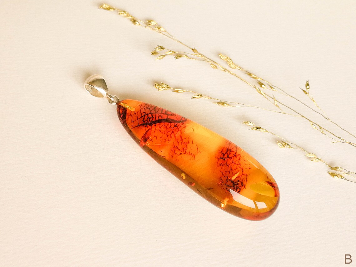 Royal Red Tall Slim Natural Amber Pendant, Large Drop Shape Amber ...