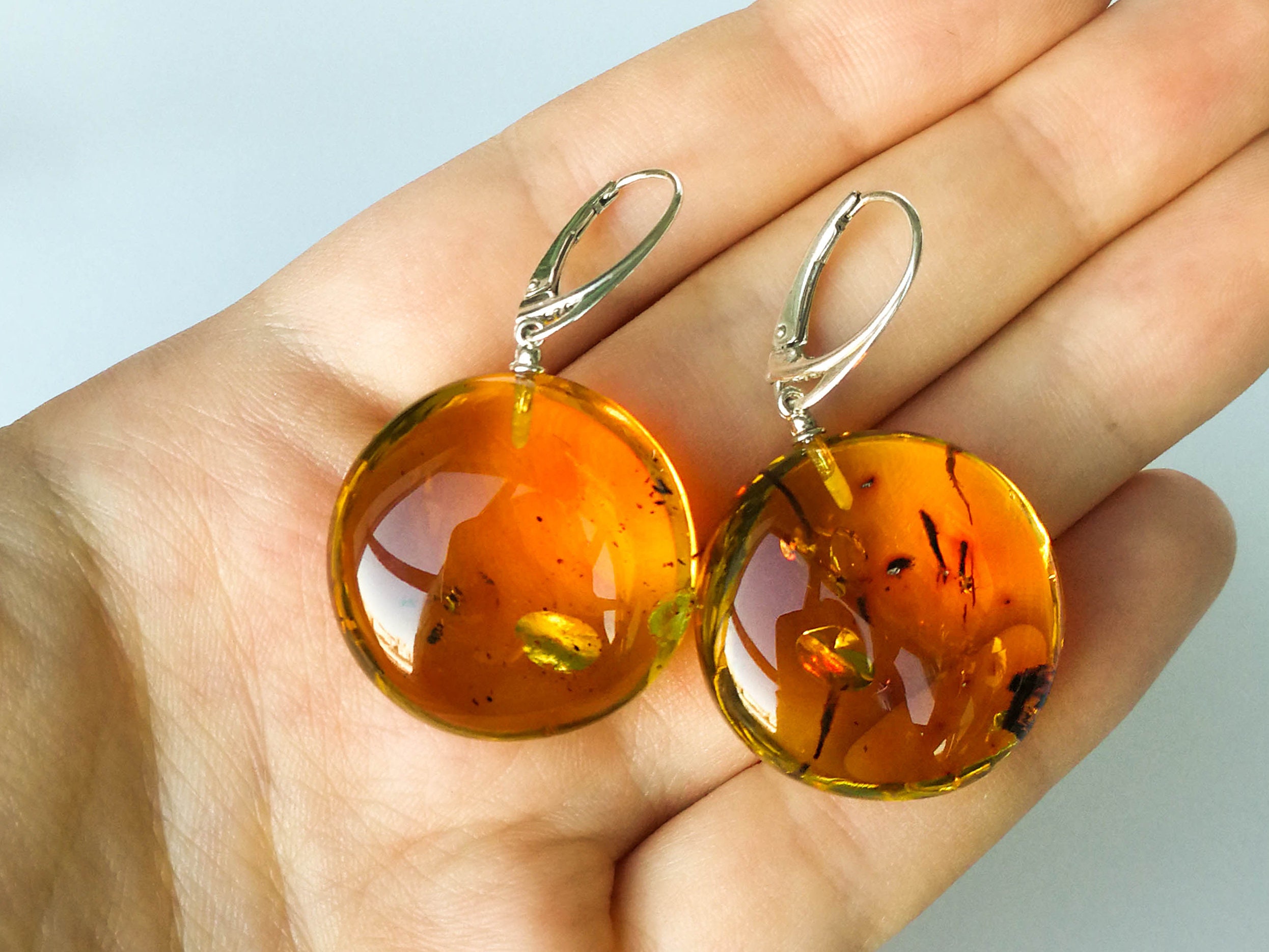 Round Bright Amber Earrings Round Flat Cognac Color Amber - Etsy