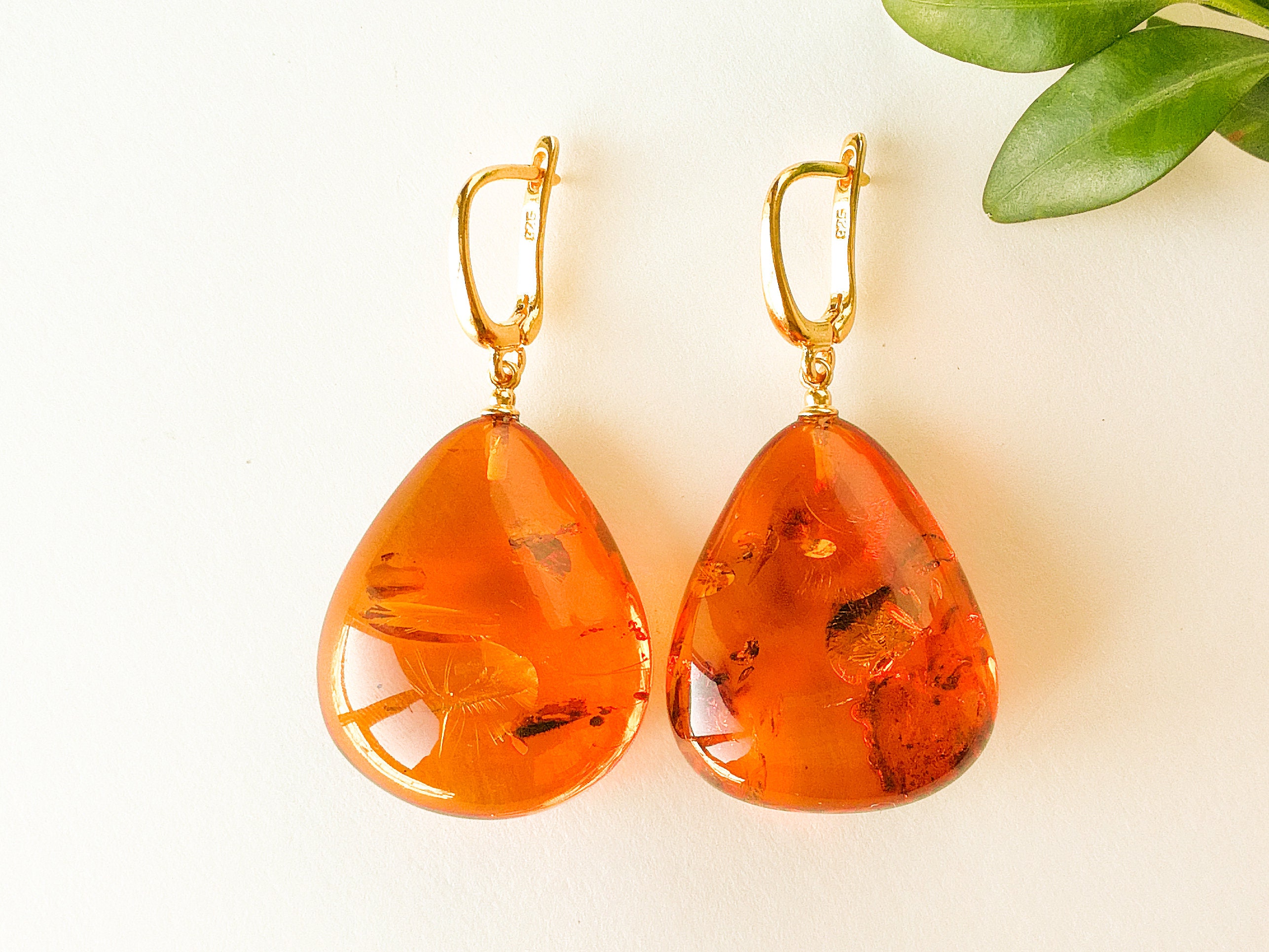 Natural amber large cognac color drops earrings for women | Etsy