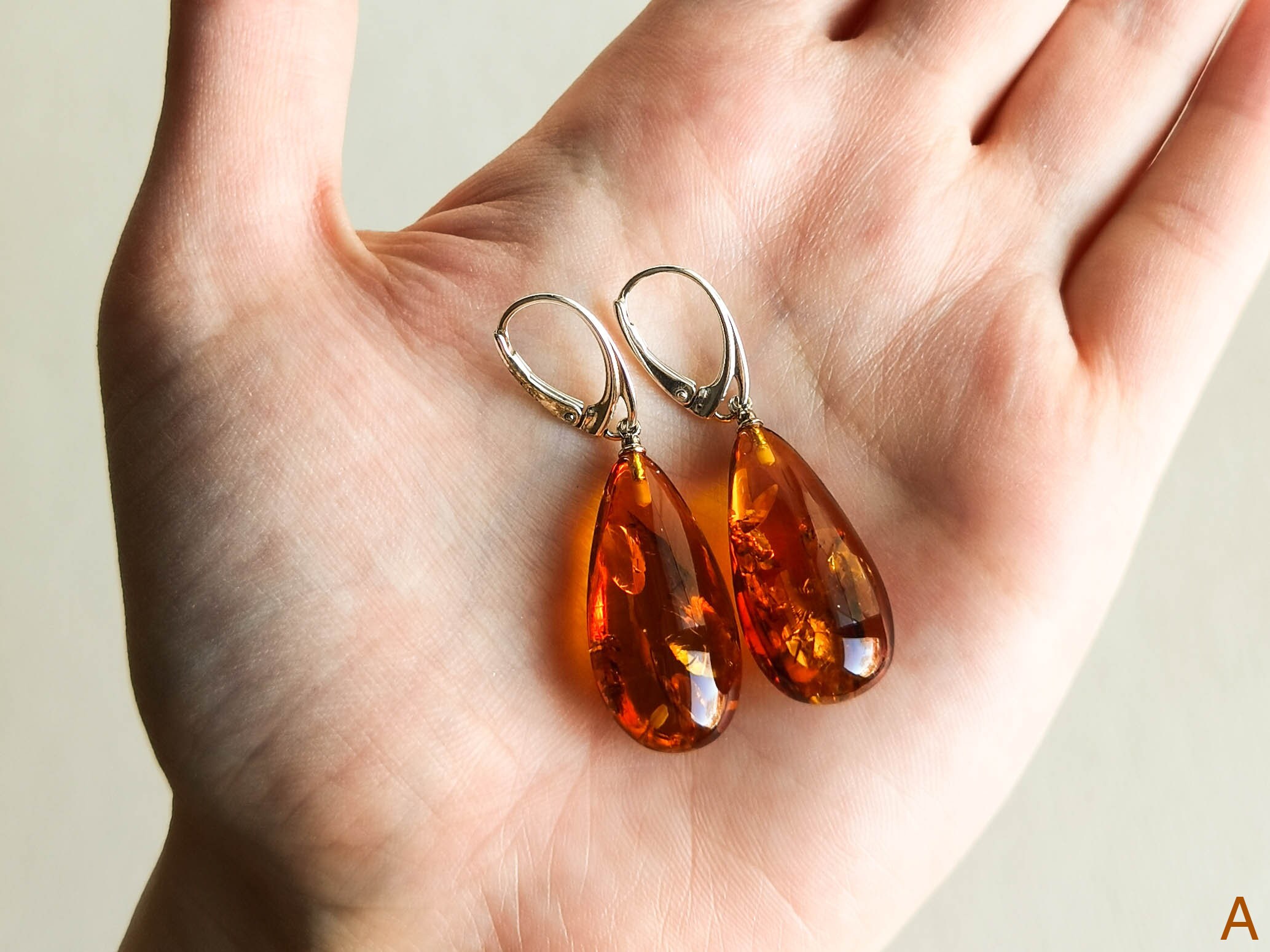 Dark cognac color natural amber drops earrings medium size | Etsy