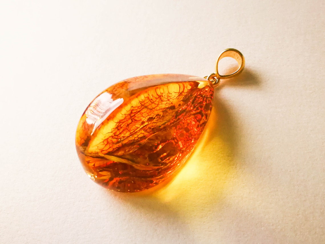 Royal Cognac Genuine Amber Thick Leaf Pendant, Natural Amber Golden ...
