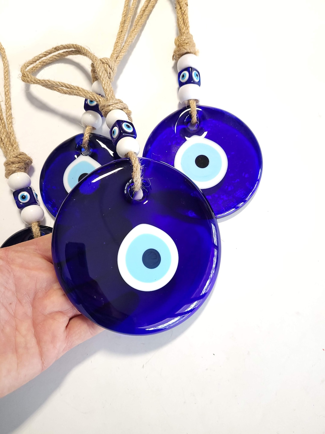 Large Glass Evil Eye Wall Hanging: Turkish Nazar Beads With Jute Rope ...