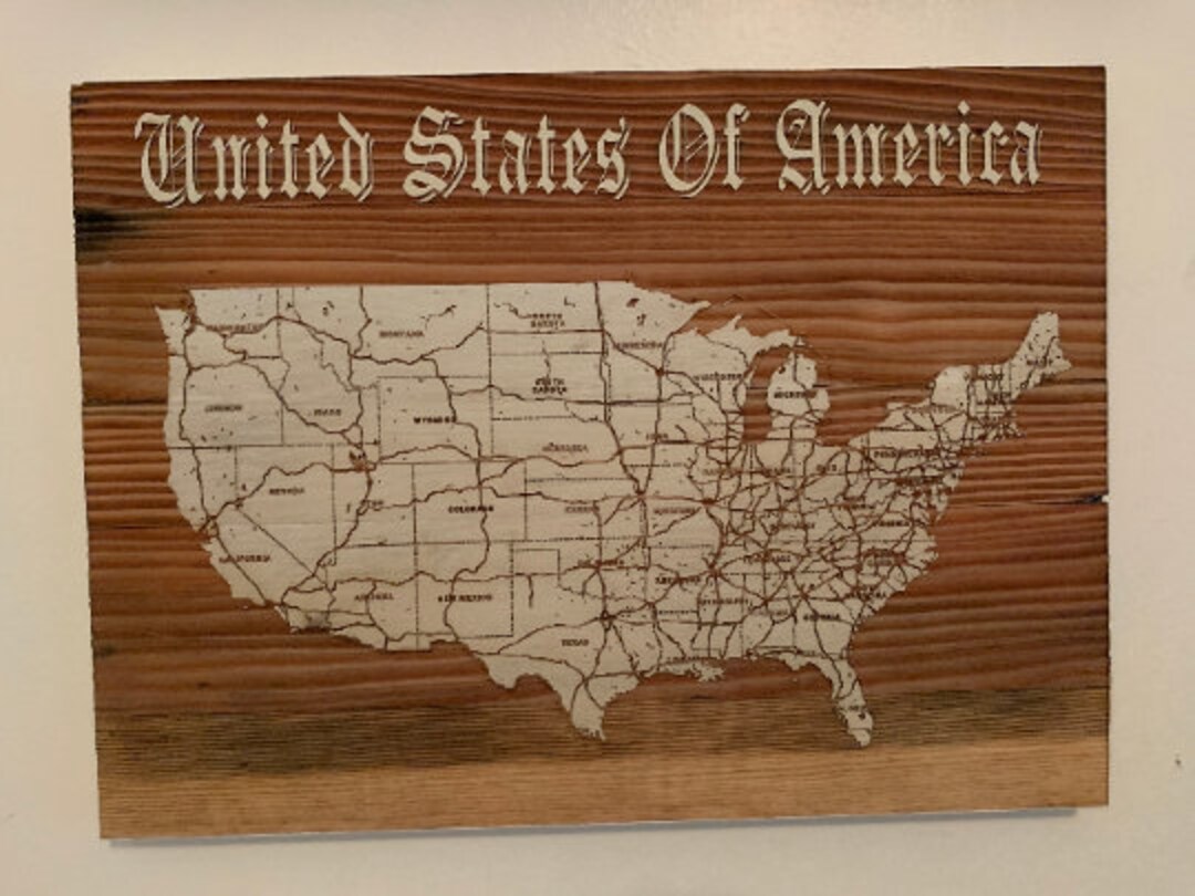 Map Engraved United States of America, Map. Painted Background on Pine ...