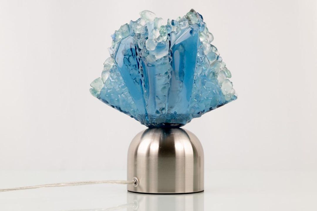 One-of-a-kind Sea Blue Sculpture Light Handmade Fused Glass Lamp Unique ...