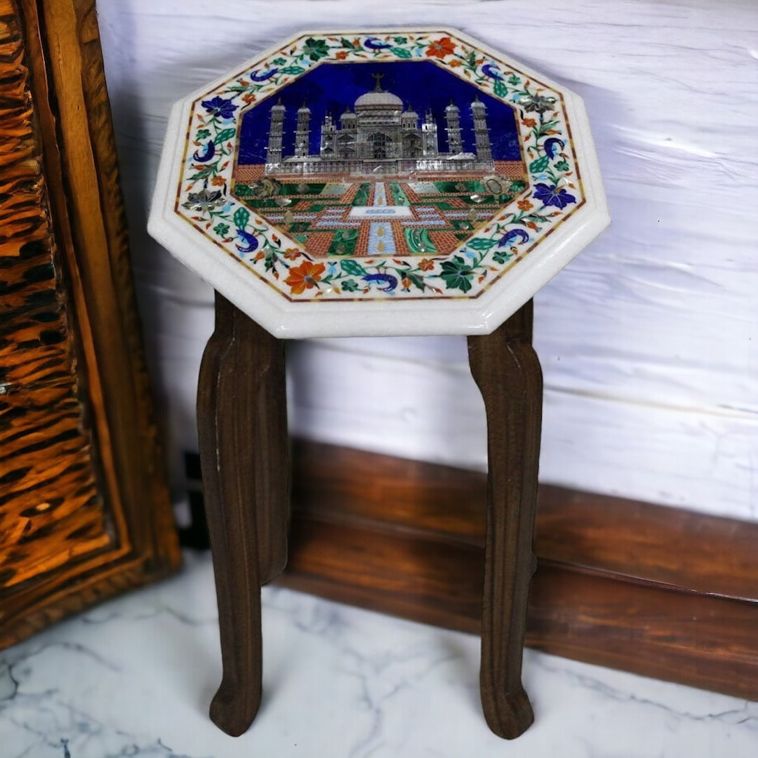 White Octagon Taj Mahal Inlay Marble Bedside Marble Table Top ...