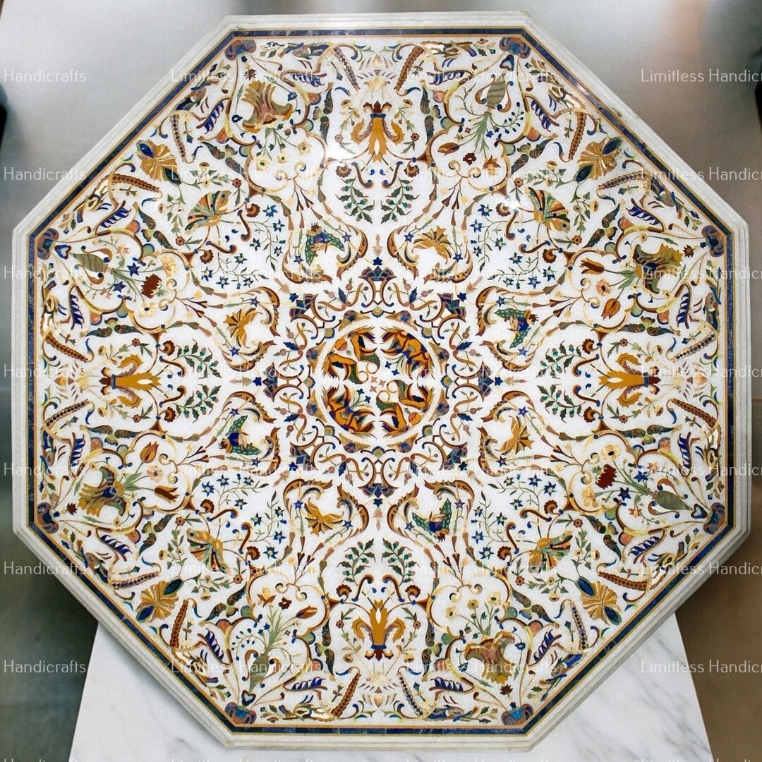 White Marble Octagon Dining Center Table Top Multi Fish Birds Inlay ...
