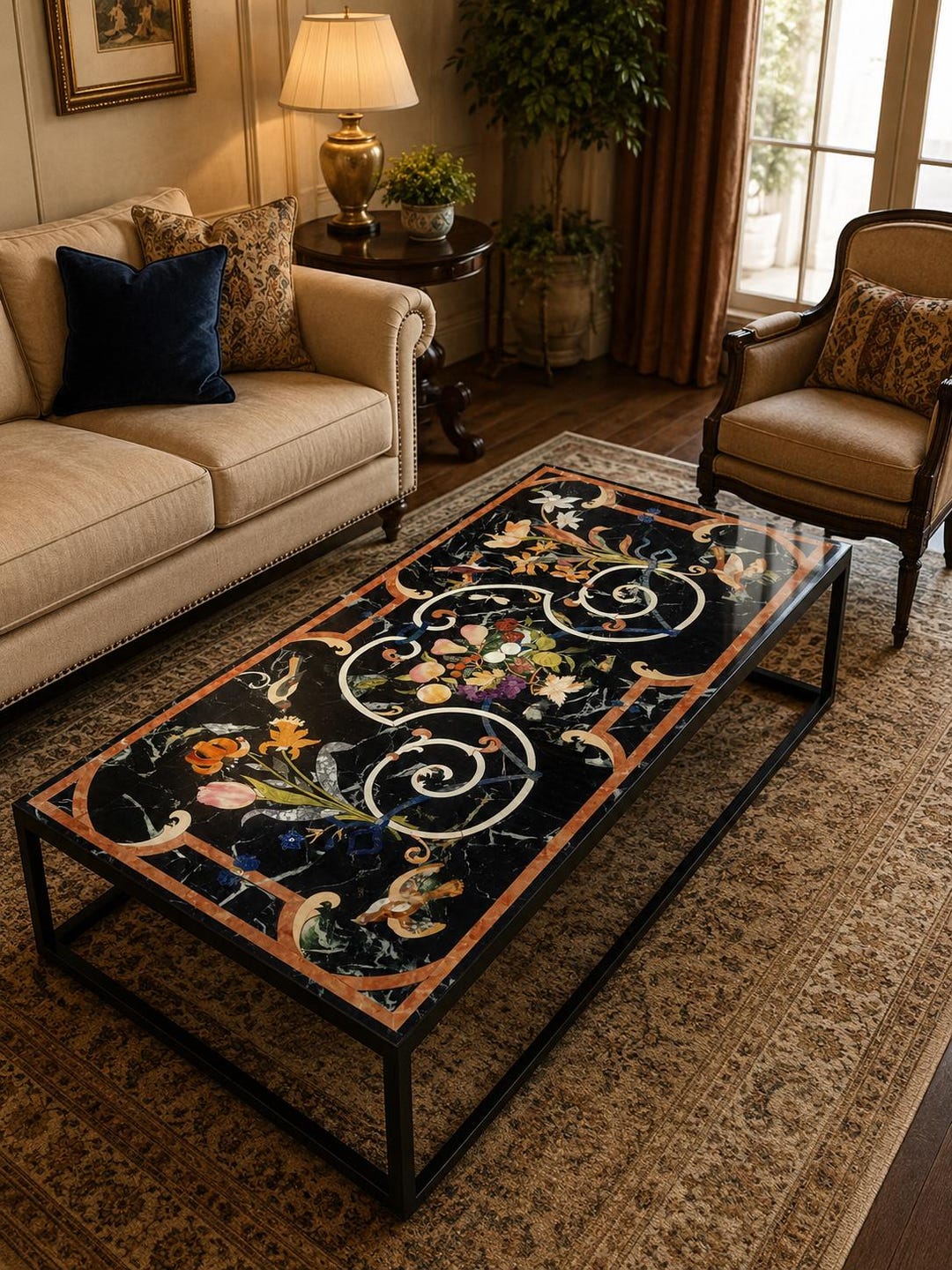 Black Marble Dining Table: Semi-precious Stone Inlay Center Table ...