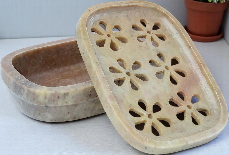 Soapstone Soap Dish With Lid – Decorative Soap Box for Bathroom or Kitchen, Natural Stone Soap ...