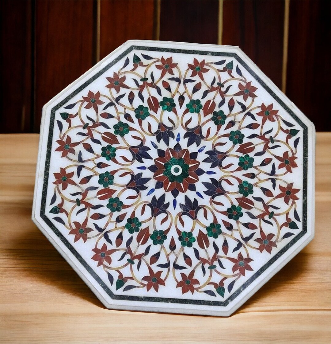 White Octagon Marble Coffee Table, Pietra Dura Inlay Table 28x28 Inches ...