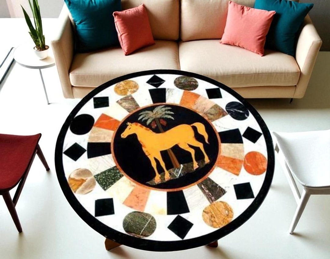 Black Marble Inlay Coffee Table: Handmade Gemstone Marquetry Art - Etsy