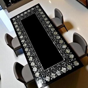 Black Marble Inlay Dining Table: Floral Gemstone Marquetry, Handmade in ...