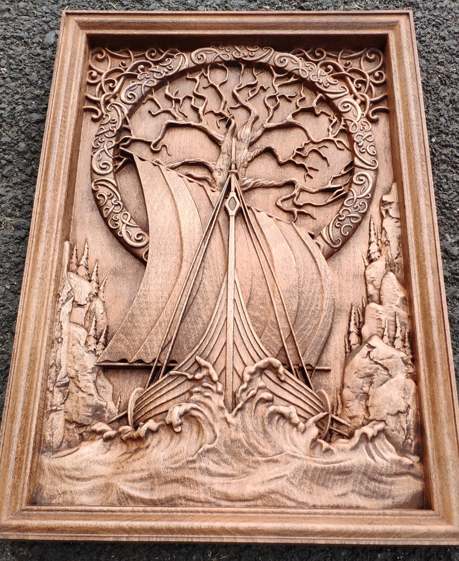 Drakkar Vikings Boat Yggdrasil Tree of Live Wood Carving Wall Hanging ...