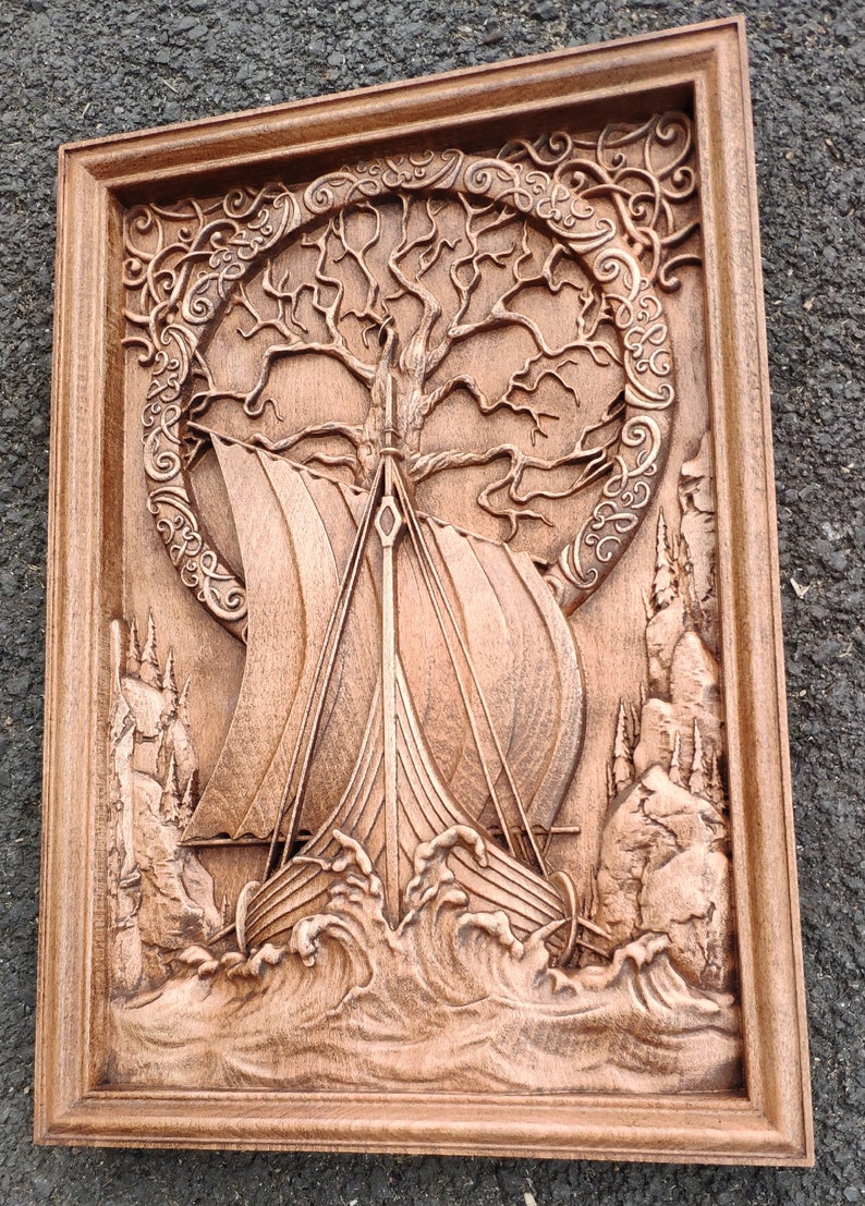 Drakkar Vikings Boat Yggdrasil Tree of Live Wood Carving Wall Hanging ...