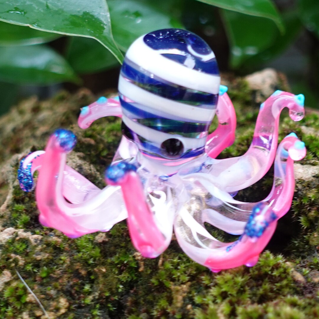 Blue White Octopus Miniature Figurines Hand Painted Pink Blown Glass ...