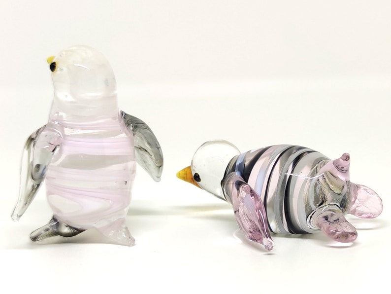 2 Penguins Miniature Figurines Animals Hand Blown Glass Art Collectible ...