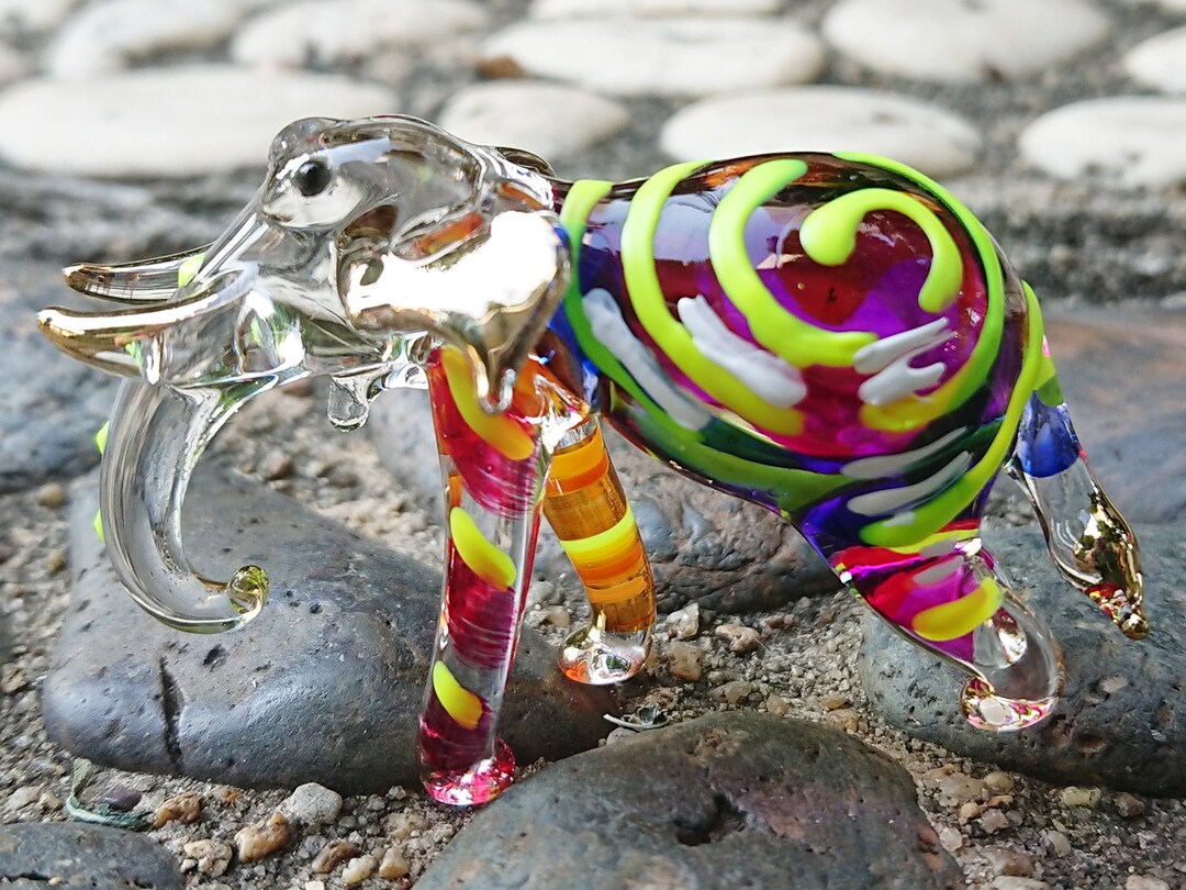 Elephant Trunk Down Figurines Hand Painted Rainbow Blown Glass Art Gold ...