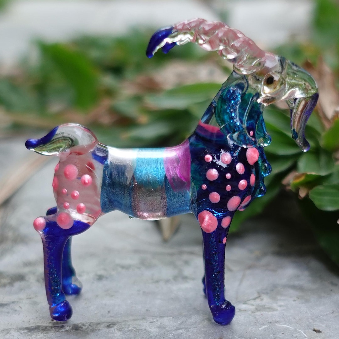 Goat Miniature Figurines Animals Hand Painted Blue Pink Blown Glass Art ...