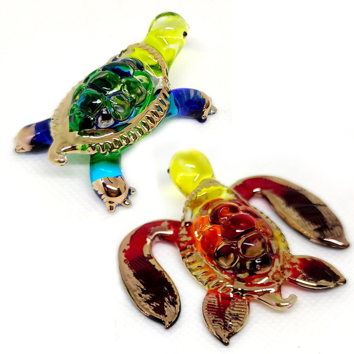 2 TORTOISE Sea Turtle Figurines Hand Painted Blown Glass Art - Etsy