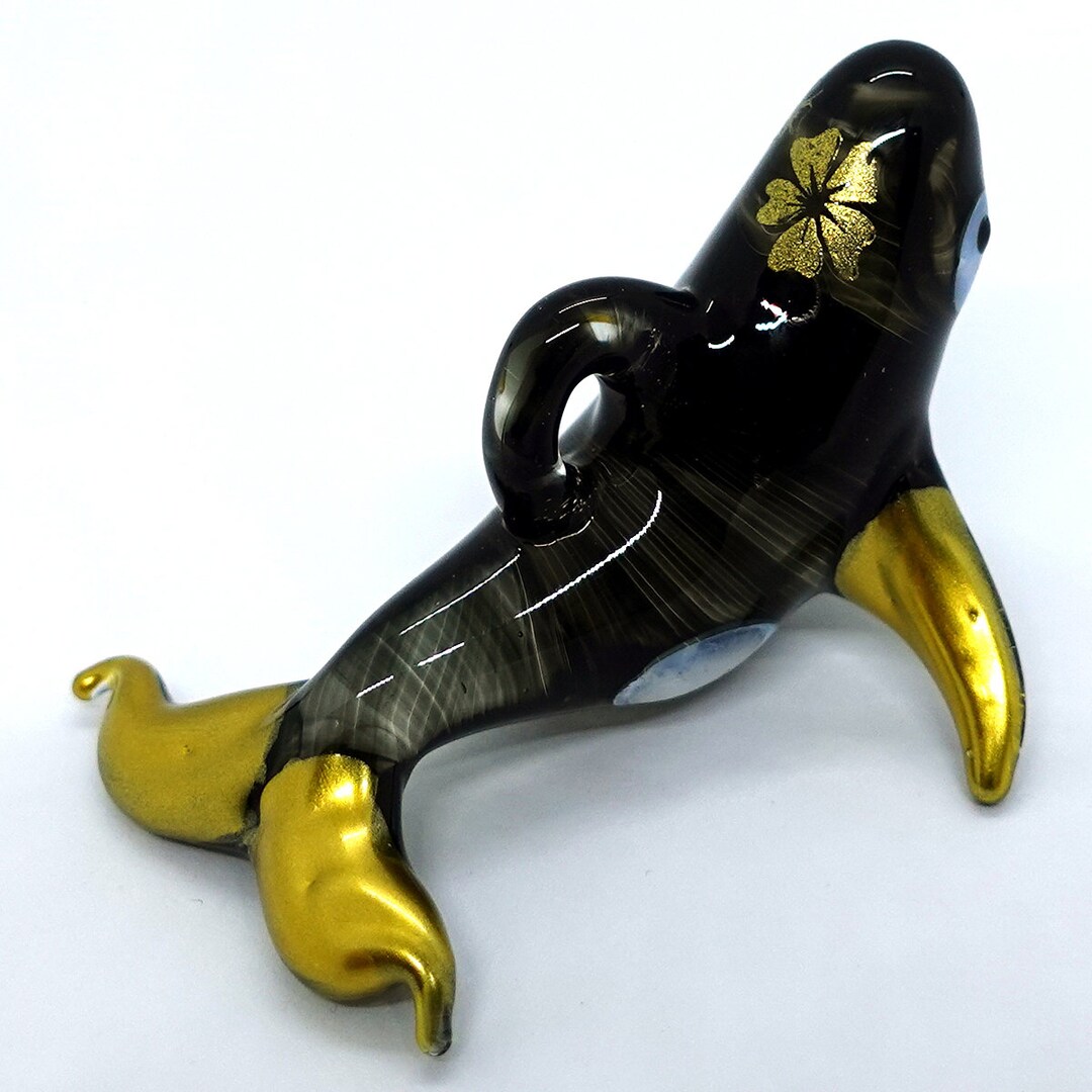 Killer Whale Orca Figurines Hand Blown Glass Art Gold Trim Sea Animals ...