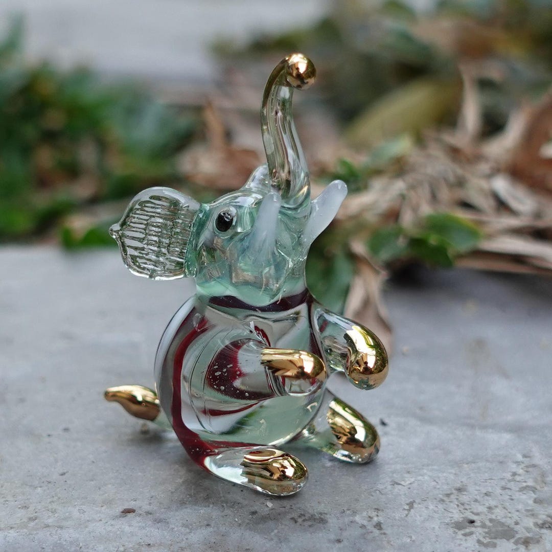 Tiny Elephant Trunk up Sit Figurines Hand Blown Glass Art 22K Gold Trim ...