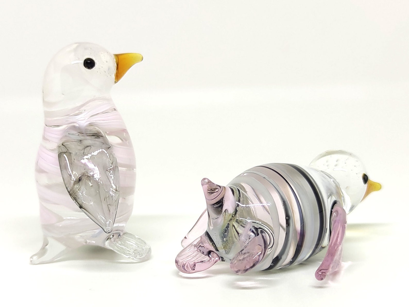 2 Penguins Miniature Figurines Animals Hand Blown Glass Art Collectible ...