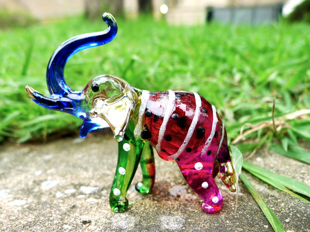 Elephant Trunk up Figurines Hand Painted Rainbow Blown Glass Art 22k ...