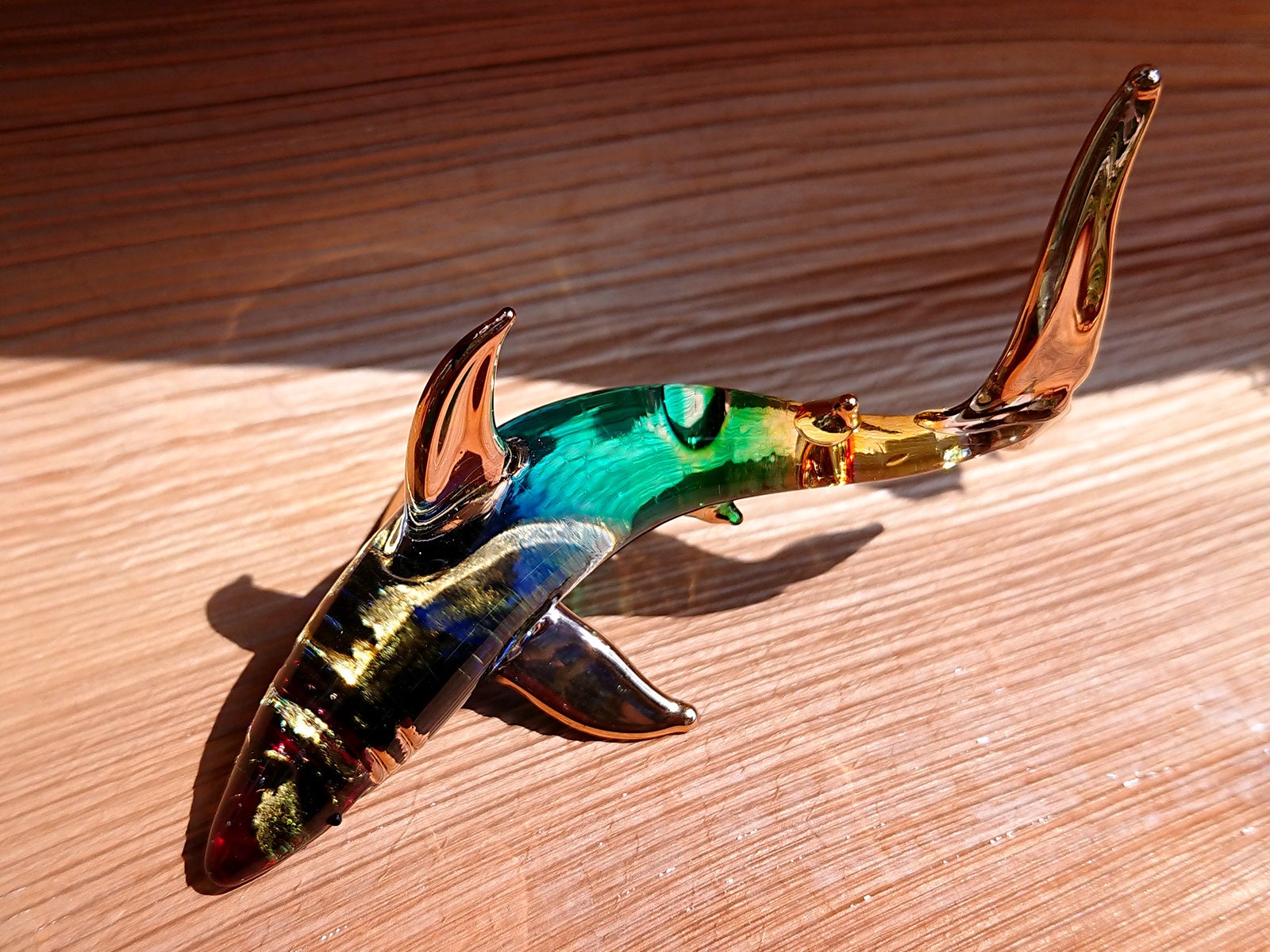 Shark Figurines Hand Painted Glitter Black Green Blown Glass Art Gold ...