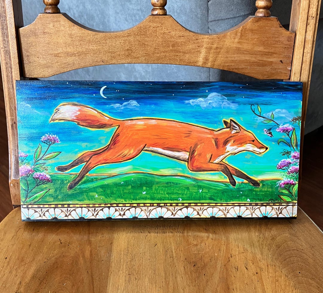 Original Folk Art Running Fox Painting. One of a Kind 6 X 12. Signed ...