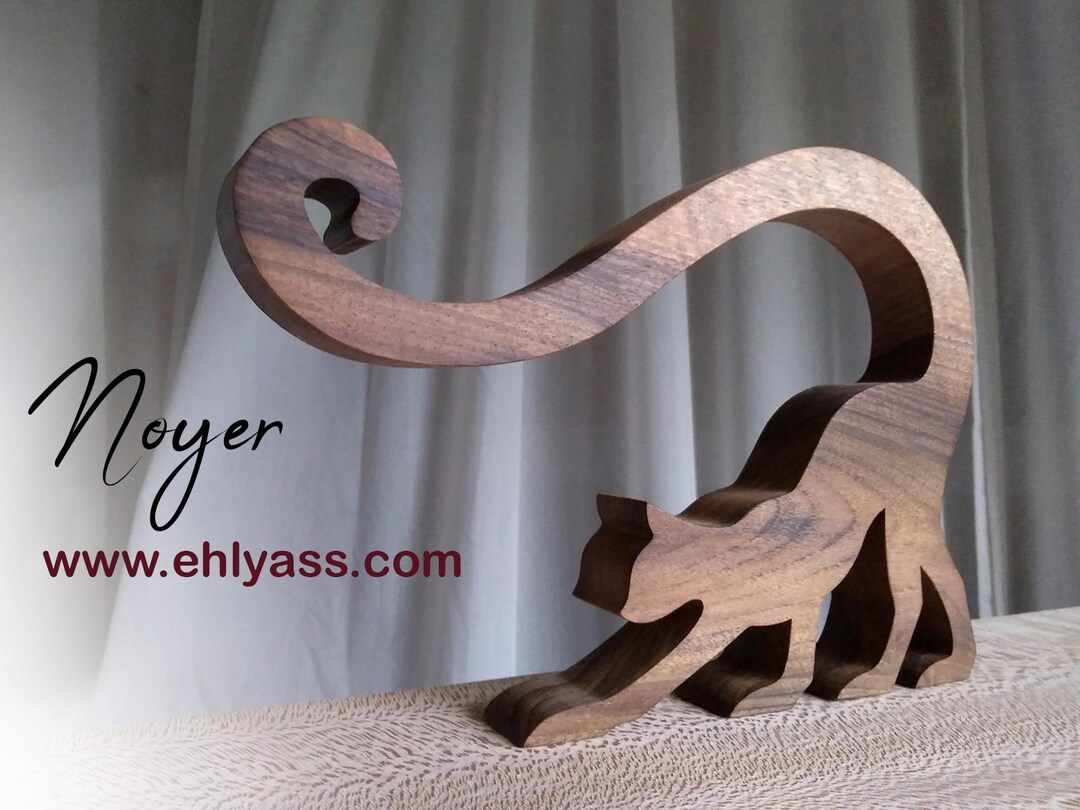 Large Cat Wooden Sculpture in Walnut Handmade by Ehlyass - Etsy