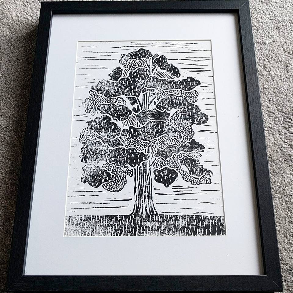 Oak Tree Linocut Print, Hand Printed Tree Block Print, Tree Print ...