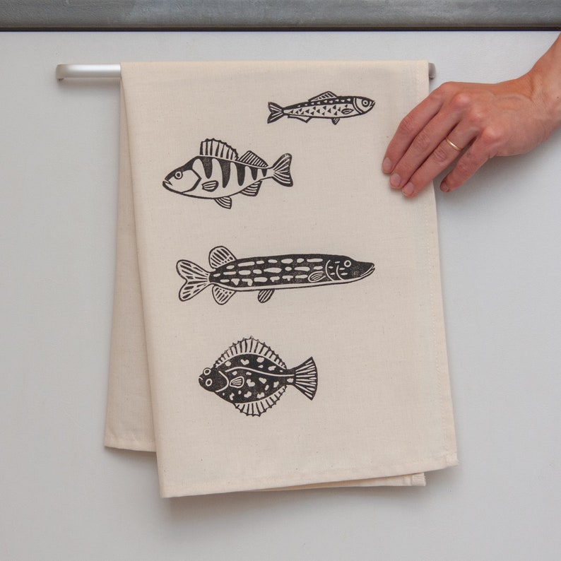 Linocut Fish Tea Towel: Nordic Sea Kitchen Decor - Etsy