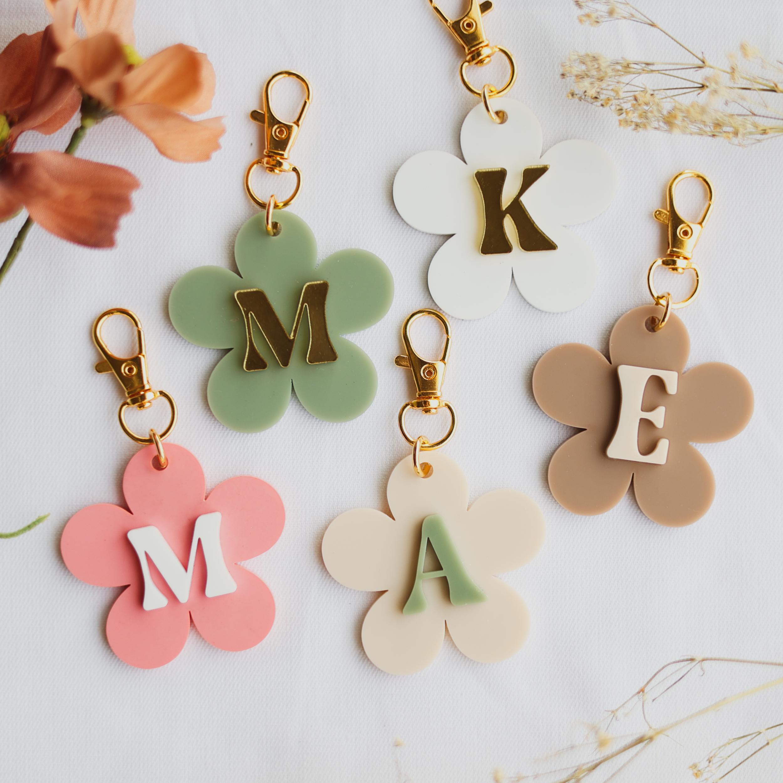 3D Flower Keychain Acrylic - Initial Flower Name Tag - Bridesmaids Gift ...
