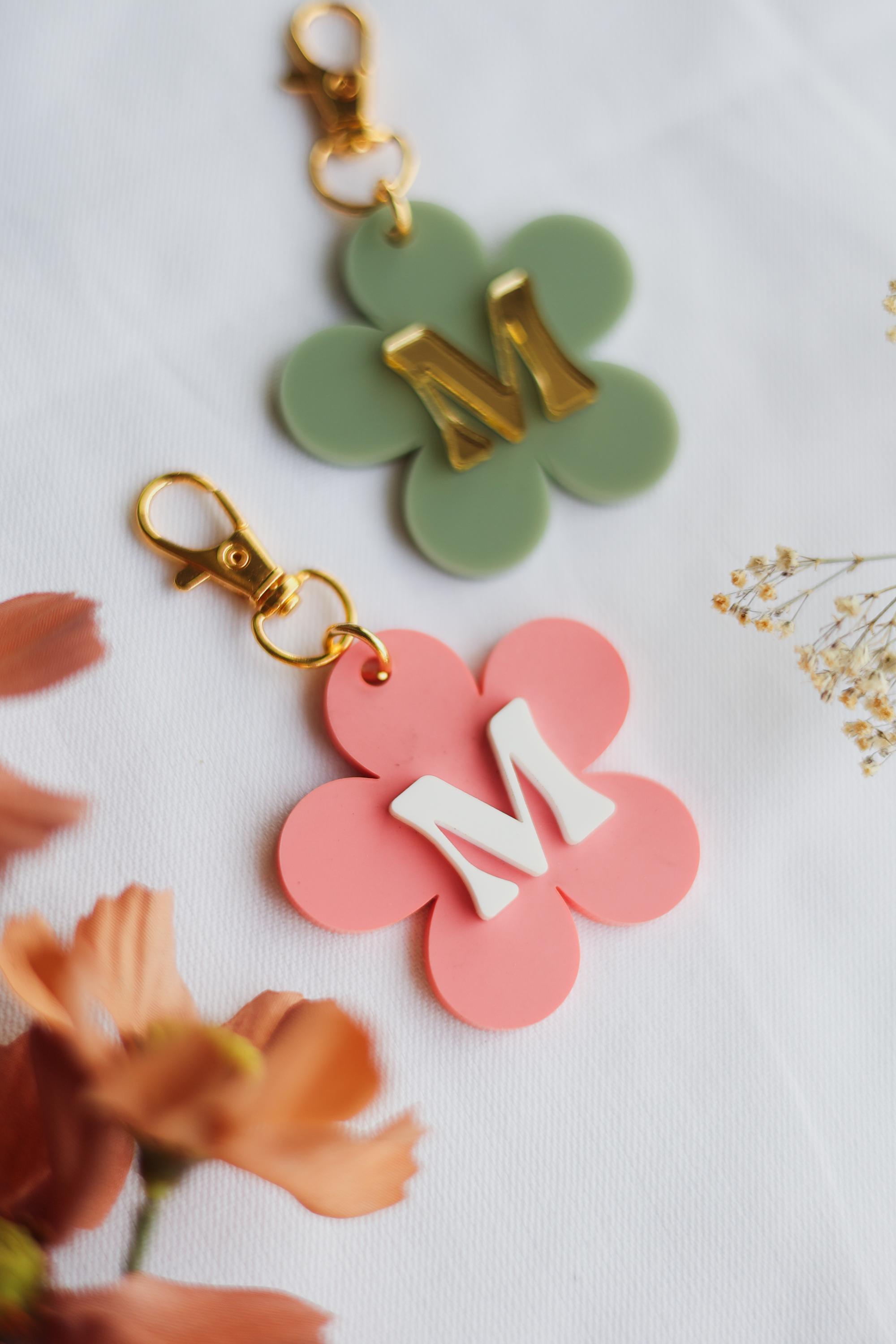 3D Flower Keychain Acrylic - Initial Flower Name Tag - Bridesmaids Gift ...
