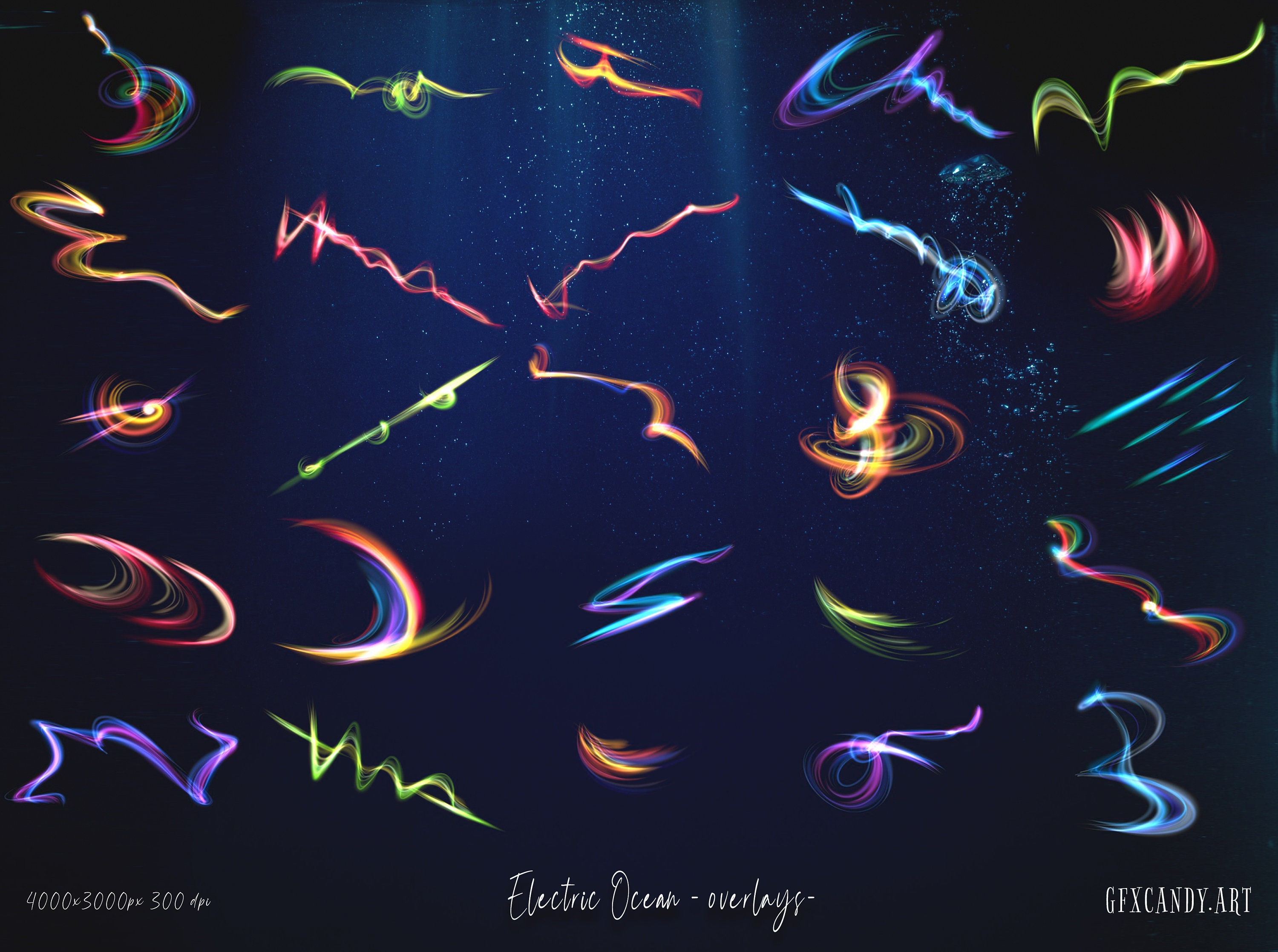 Electric Ocean Light Overlays, 100 Hi-res Hand-drawn Light Overlays ...