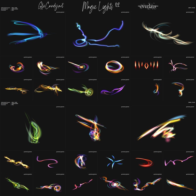 200 Magic Lights Overlays, PNG LIGHT EFFECTS, Photoshop Hand-drawn ...