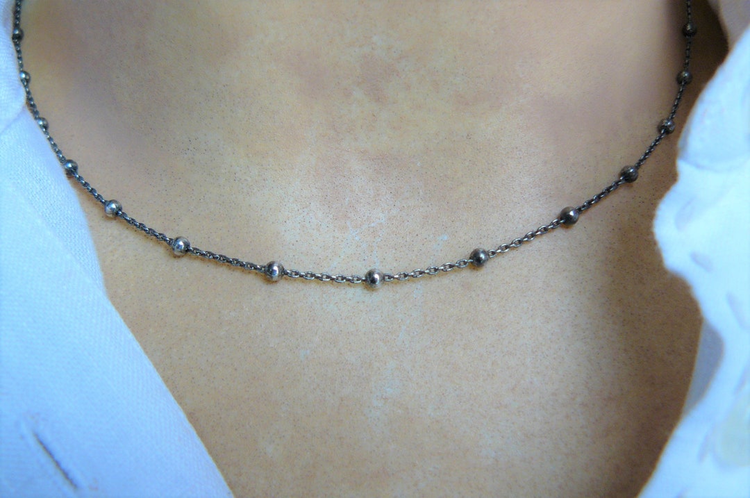 Black Rhodium-plated Solid Silver Necklace, Cable Chain, Silver Beads ...
