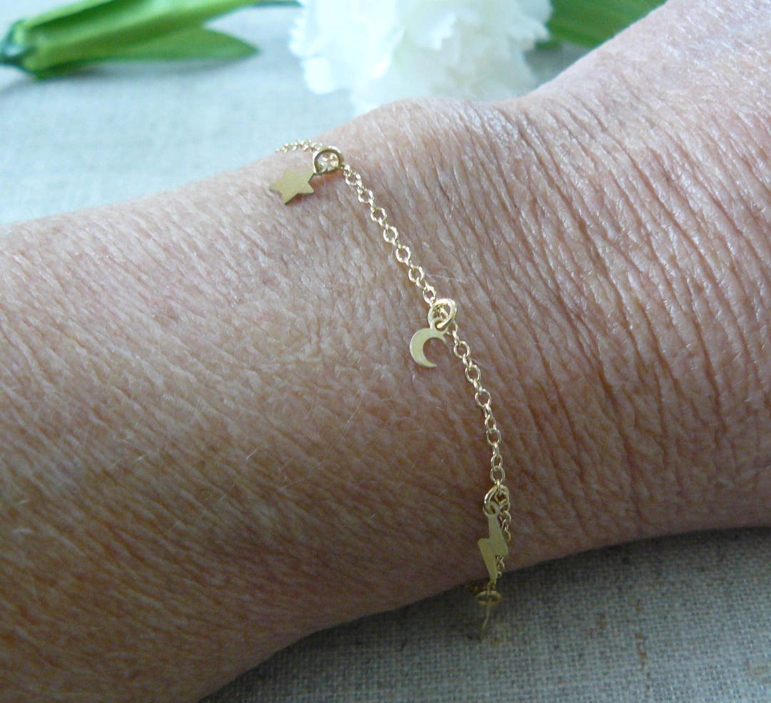 Solid Silver Bracelet, Gold Plated, Cable Chain, Charms, Moon, Sun ...