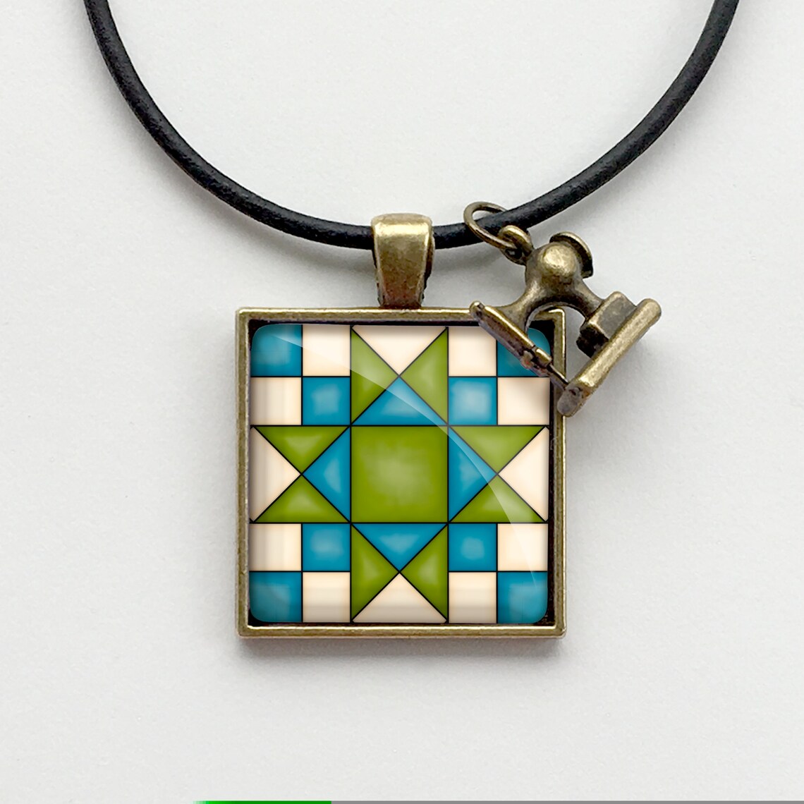 Square Green and Blue Ohio Star Quilt Block Necklace - Etsy