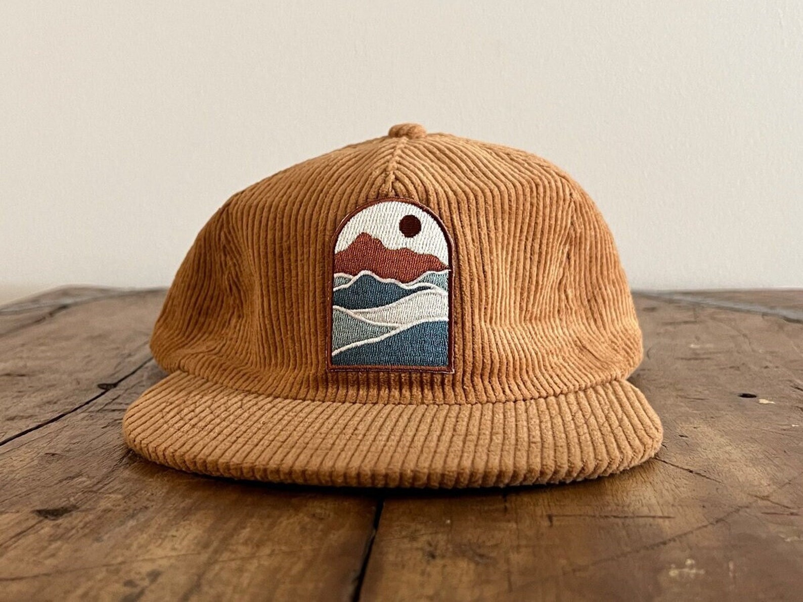 Mountains Embroidered Patch Unconstructed 6 Panel Hat Flat Brim and ...