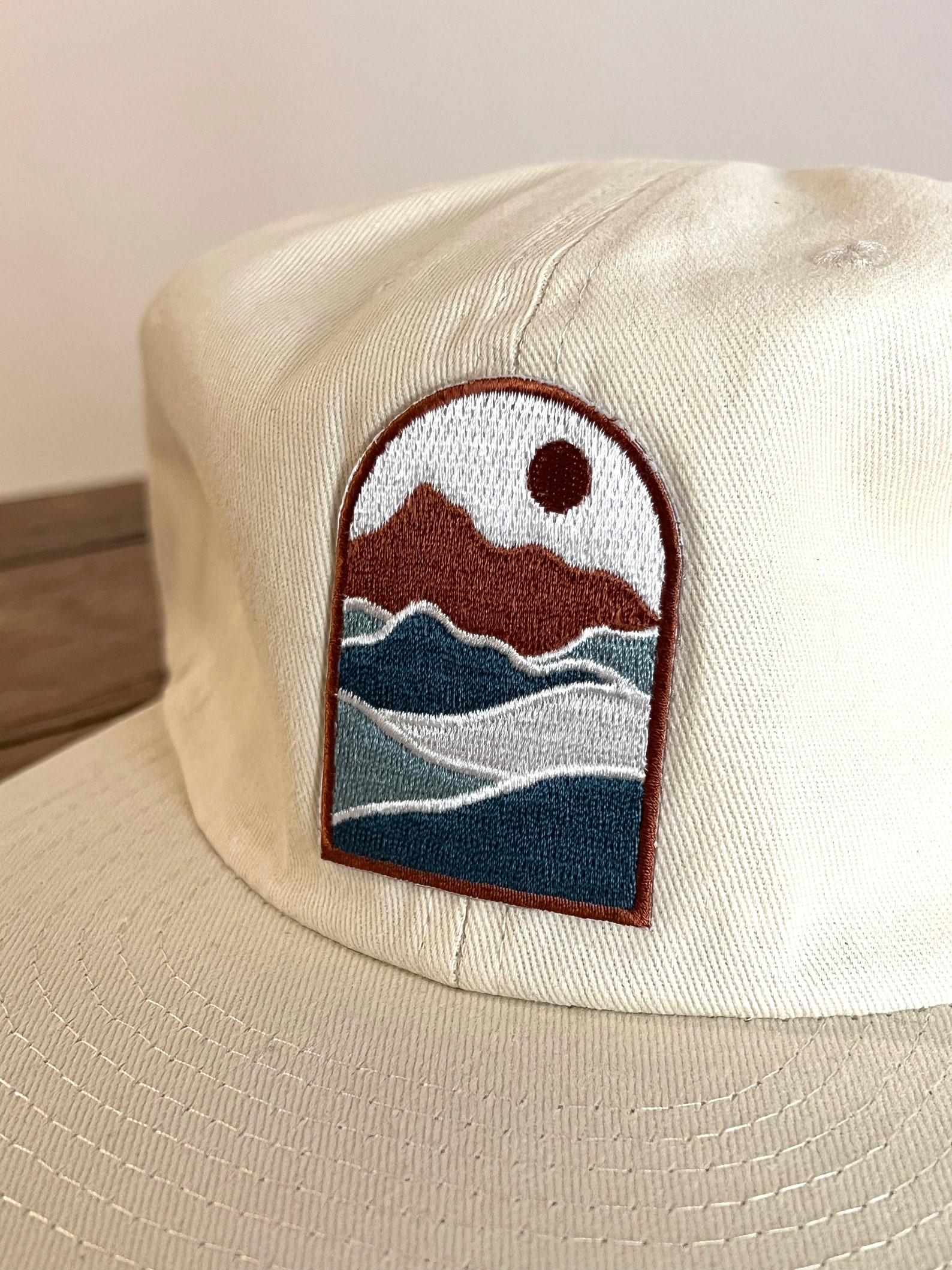 Mountains Embroidered Patch Unconstructed 6 Panel Hat Flat Brim and ...