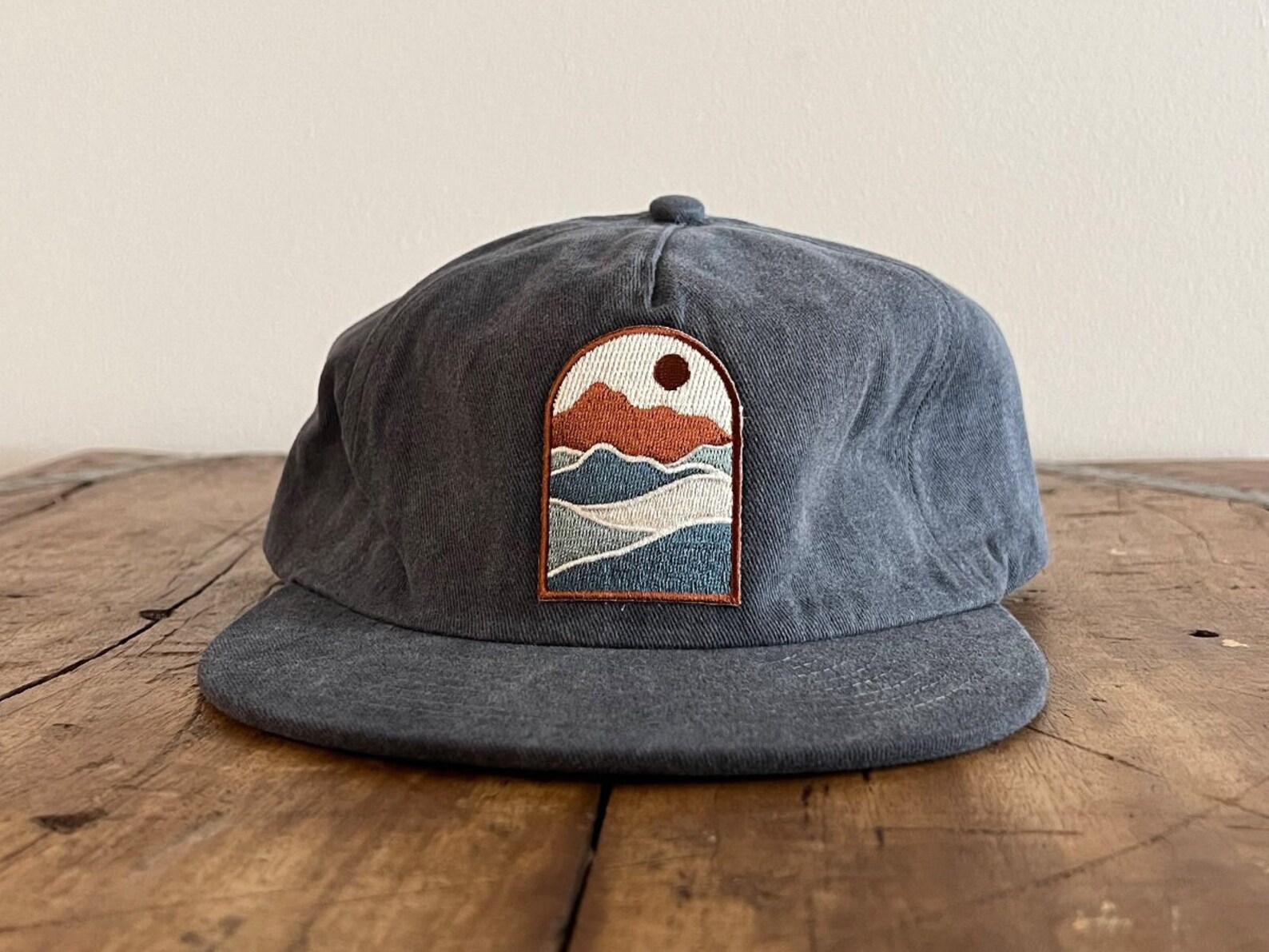 Mountains Embroidered Patch Unconstructed 6 Panel Hat Flat Brim and ...