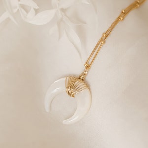 LARA Horn Necklace 14K Gold Filled, Mother of Pearl Moon Pendant ...