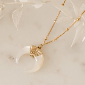 LARA Horn Necklace 14K Gold Filled, Mother of Pearl Moon Pendant ...
